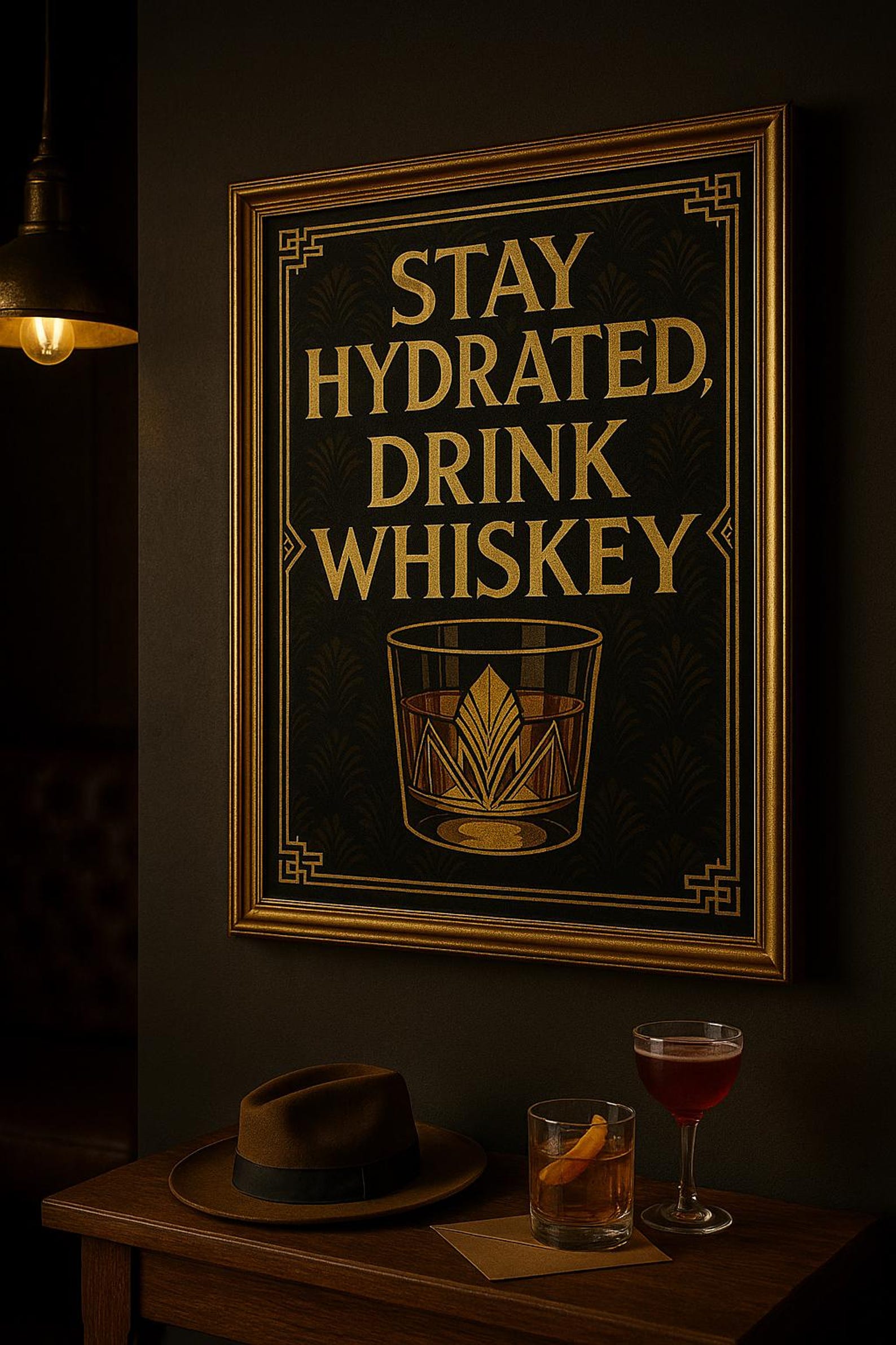 Art Deco Whiskey Poster, Stay Hydrated Drink Whiskey Wall Art, Gold ...