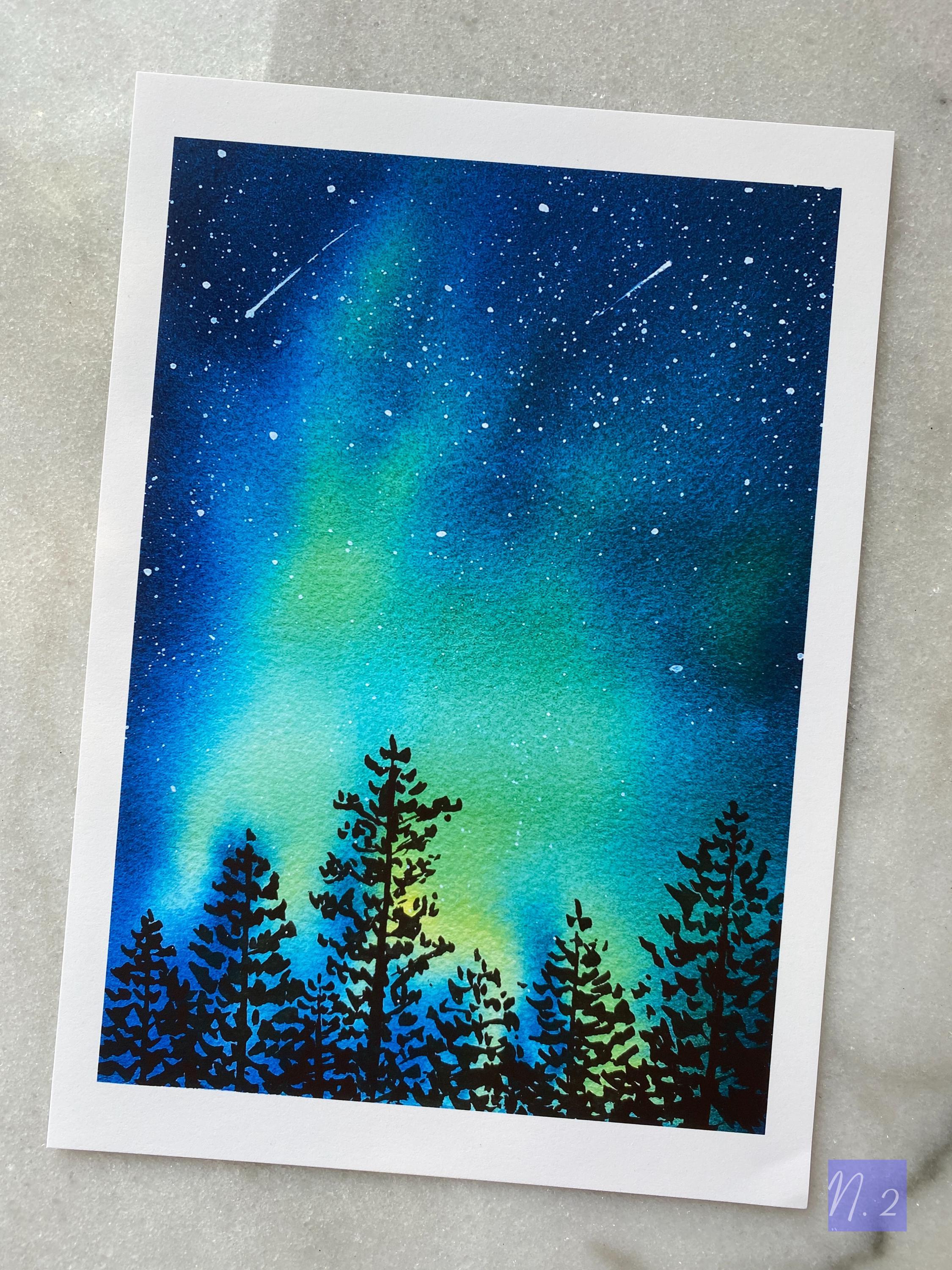 Northern Lights Watercolour Prints | Night Sky Aurora Borealis | Trees ...