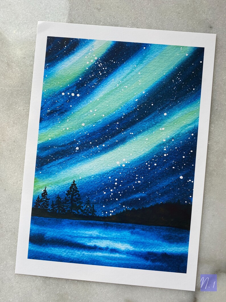 Northern Lights Watercolour Prints Night Sky Aurora Borealis - Etsy