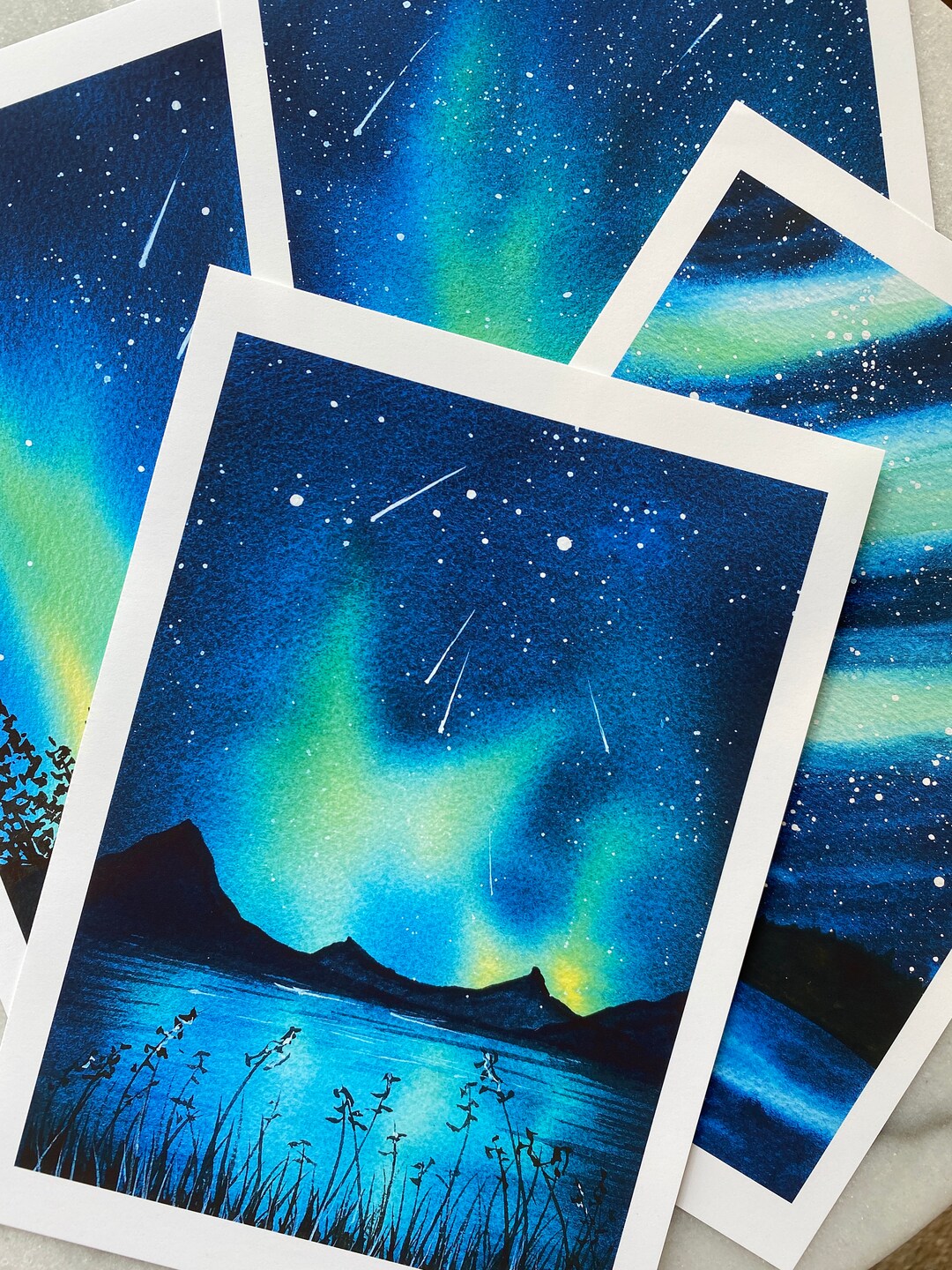 Northern Lights Watercolour Prints Night Sky Aurora Borealis Trees and ...