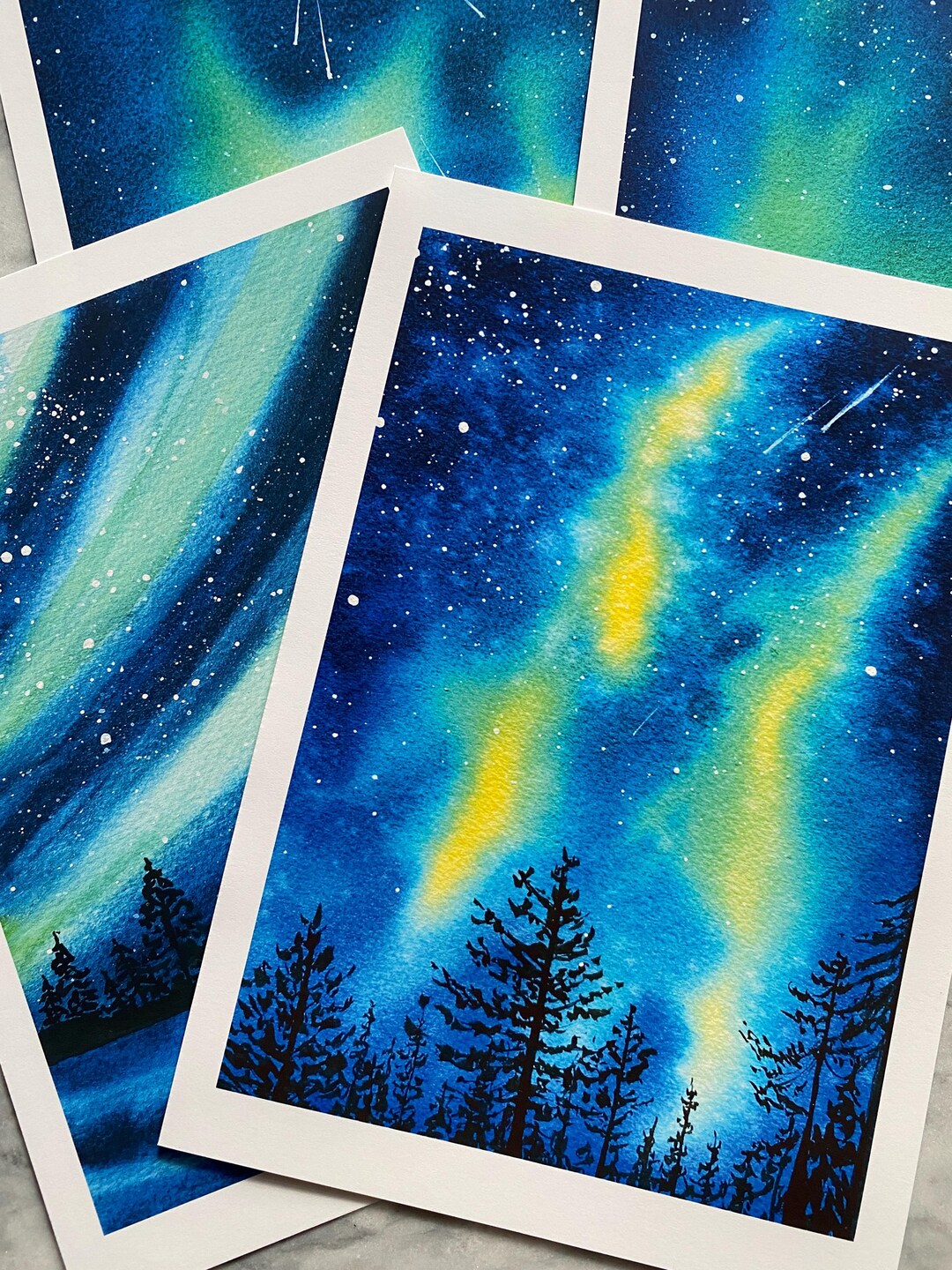 Northern Lights Watercolour Prints | Night Sky Aurora Borealis | Trees ...