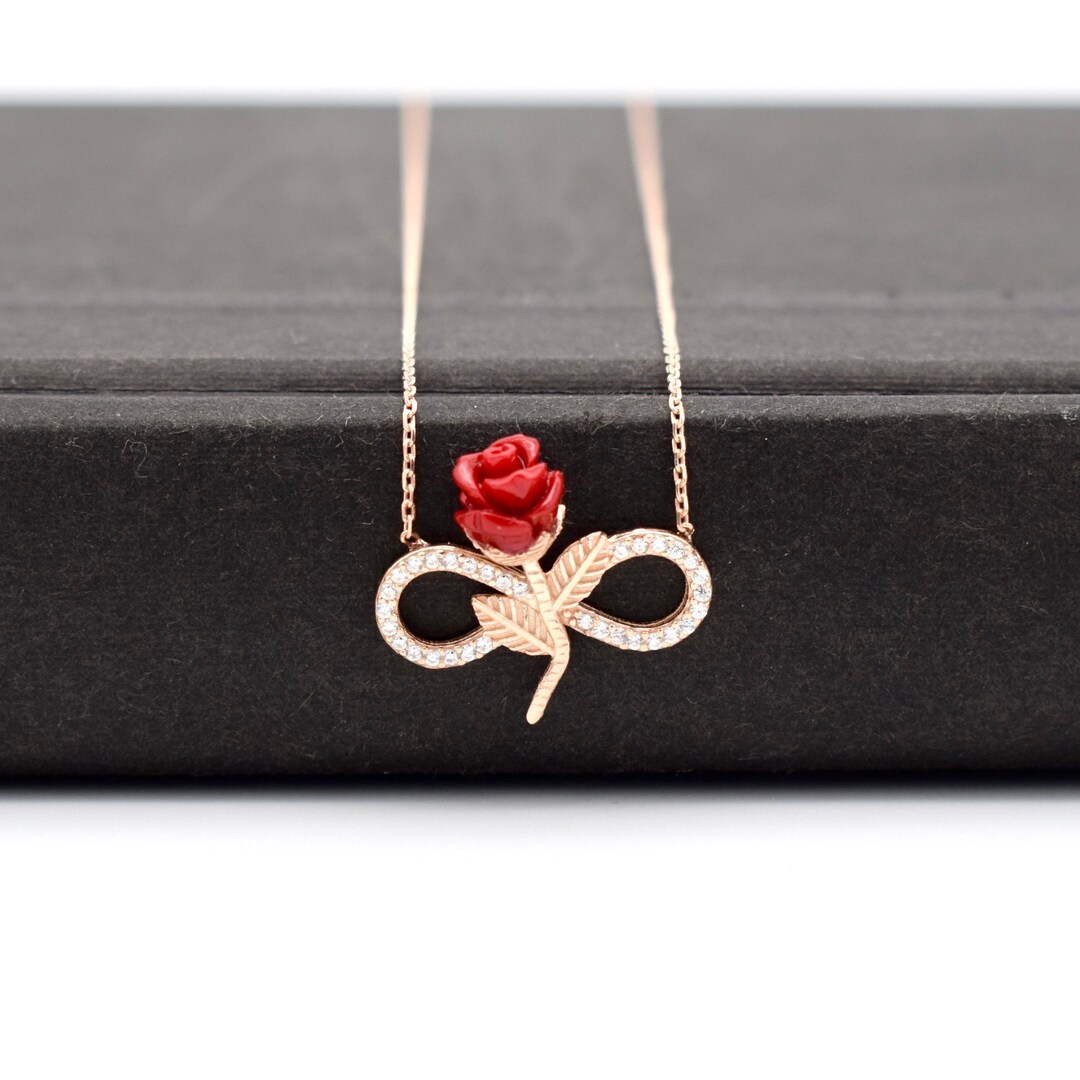 Silver Infinity Red Rose Necklace, Rose Necklace, Anniversary Gift ...