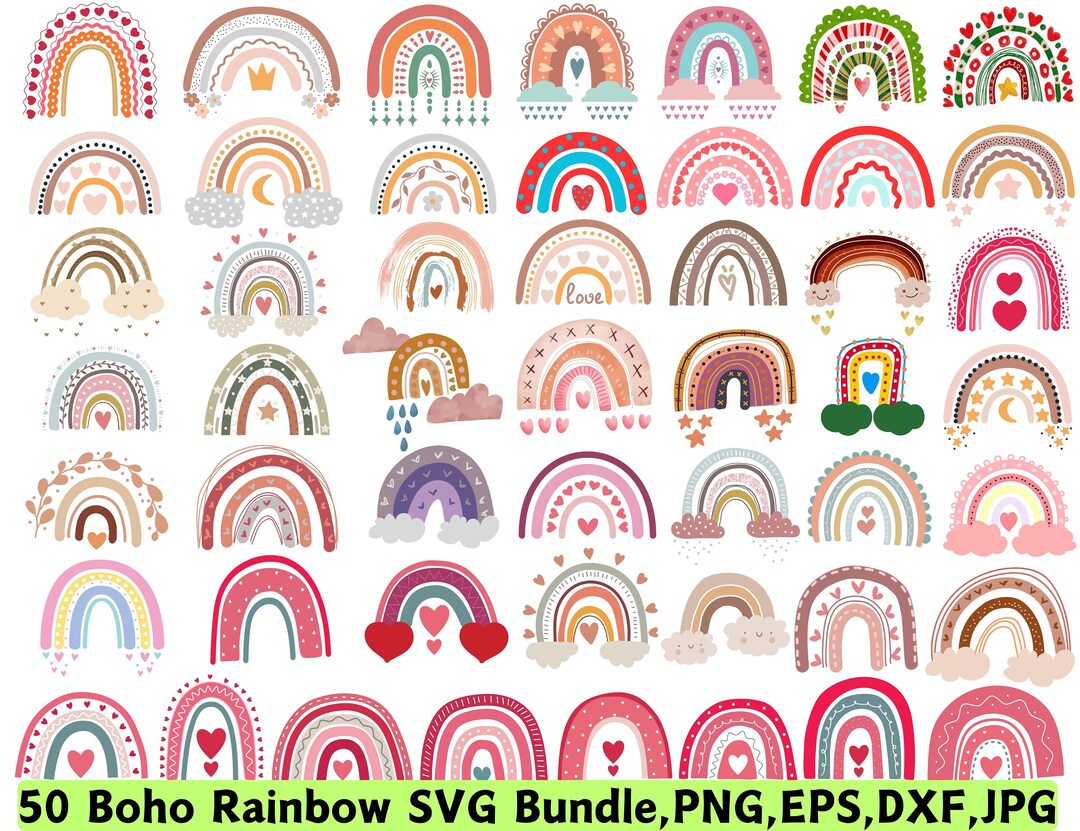 50 Boho Rainbow Svg Bundle, Cute Rainbow Svg, Boho Rainbow Clipart ...