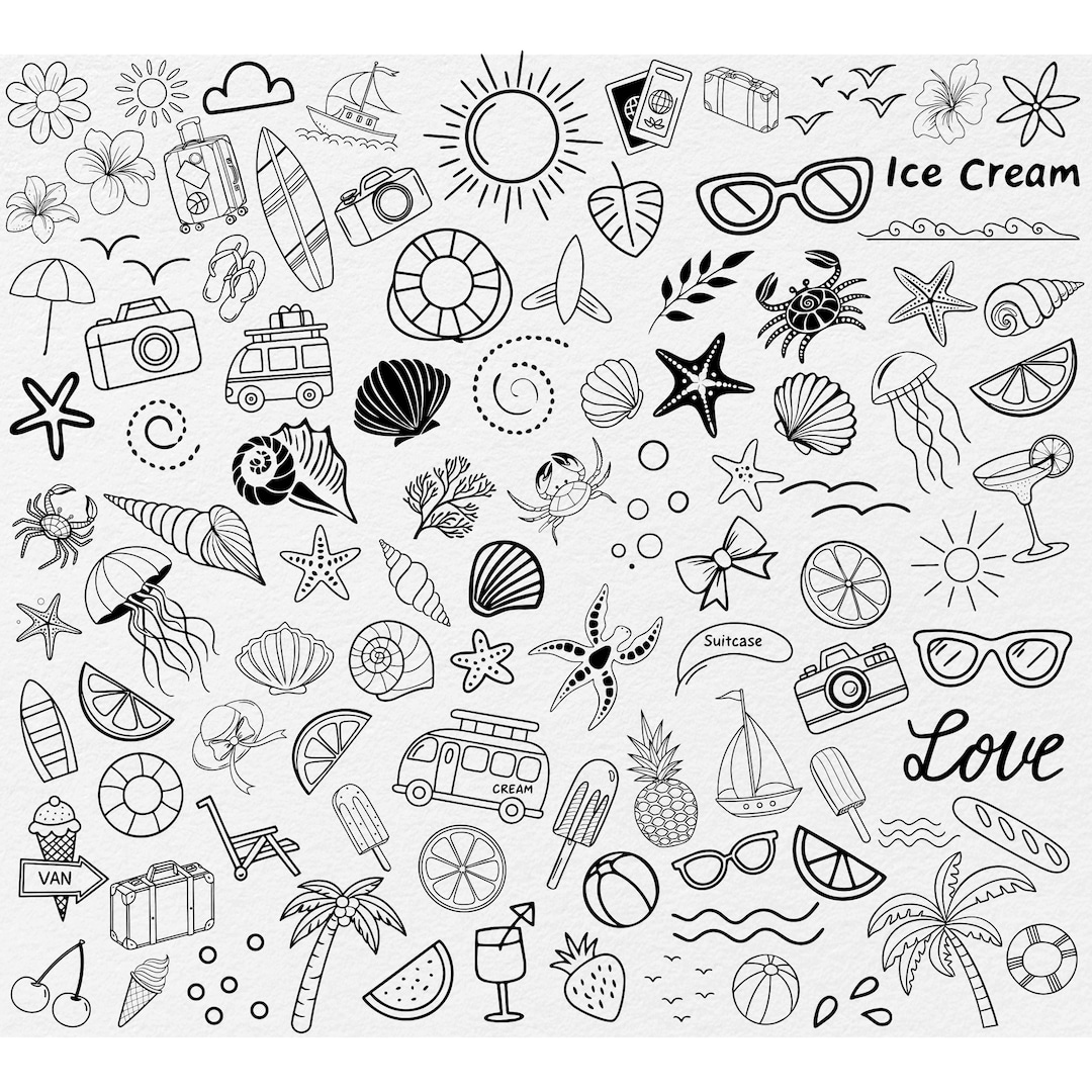 130+ Beach Clipart Bundle, Black and White Vacation Illustrations, Hand ...