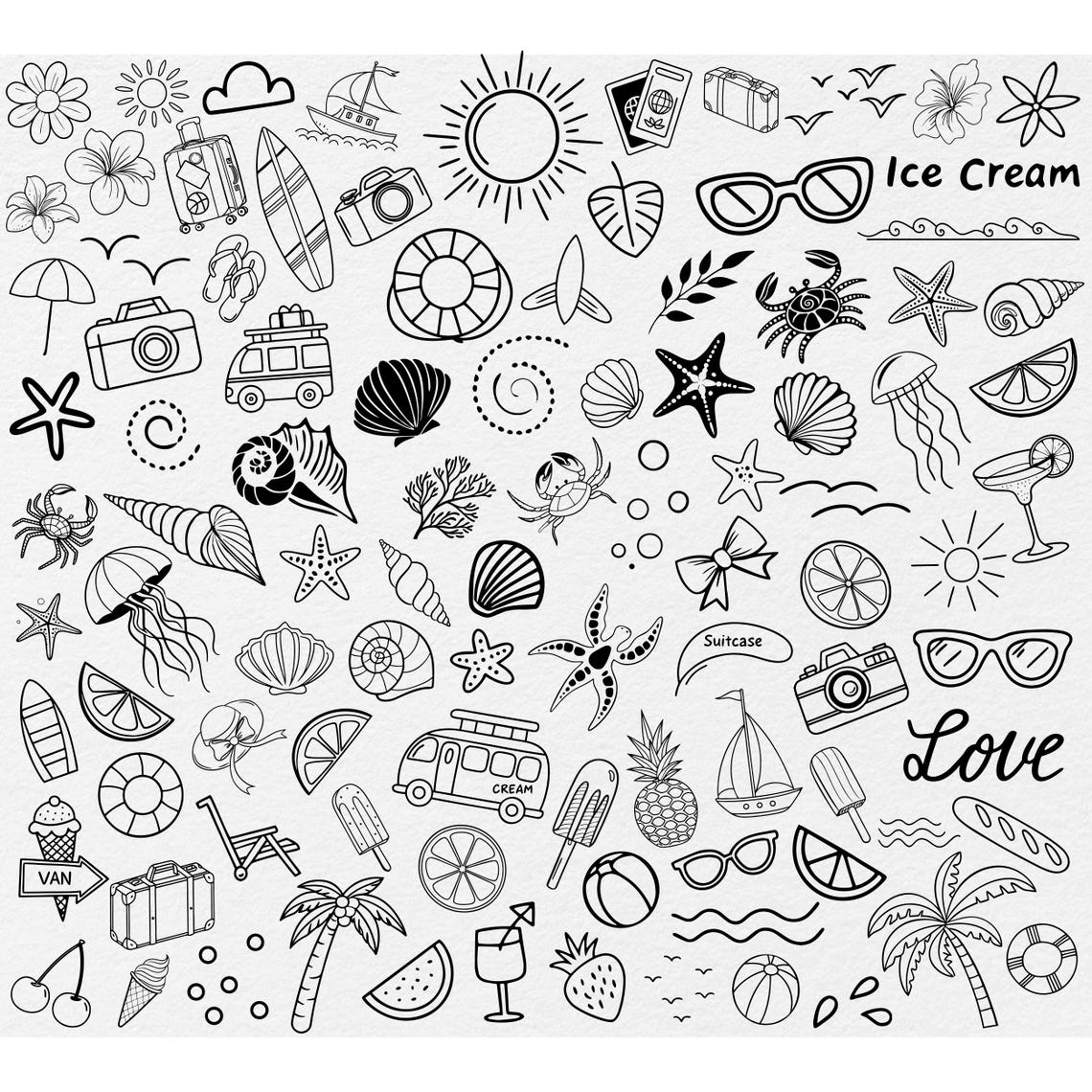 Beach Clipart Bundle, Hand Drawn Summer Vacation Doodles (svg, Eps, Png ...