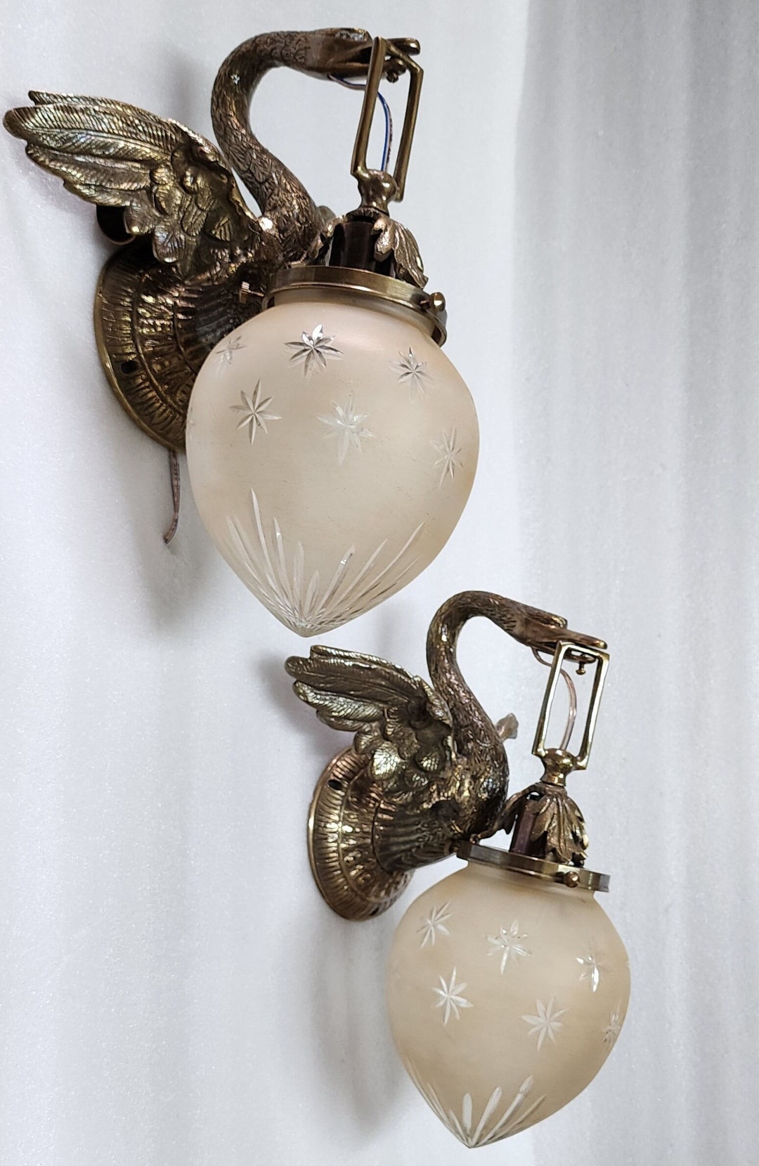 Pair Vintage Art Nouveau Deco Light Old Lamp Swan Wall Sconces Fixture ...