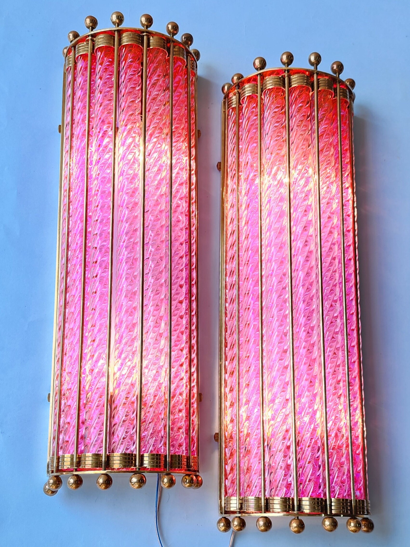 Pair Vintage Art Deco Light Old Lamp Wall Sconces Fixture Brass & Ruby ...