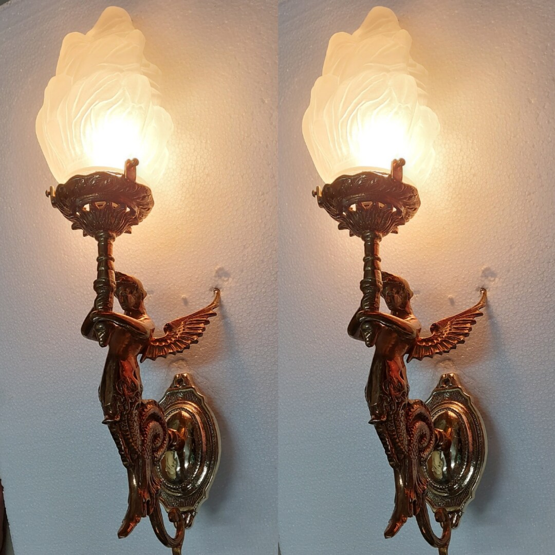 Pair Vintage Art Nouveau Deco Light Old Lamp Mermaid Wall Sconces ...