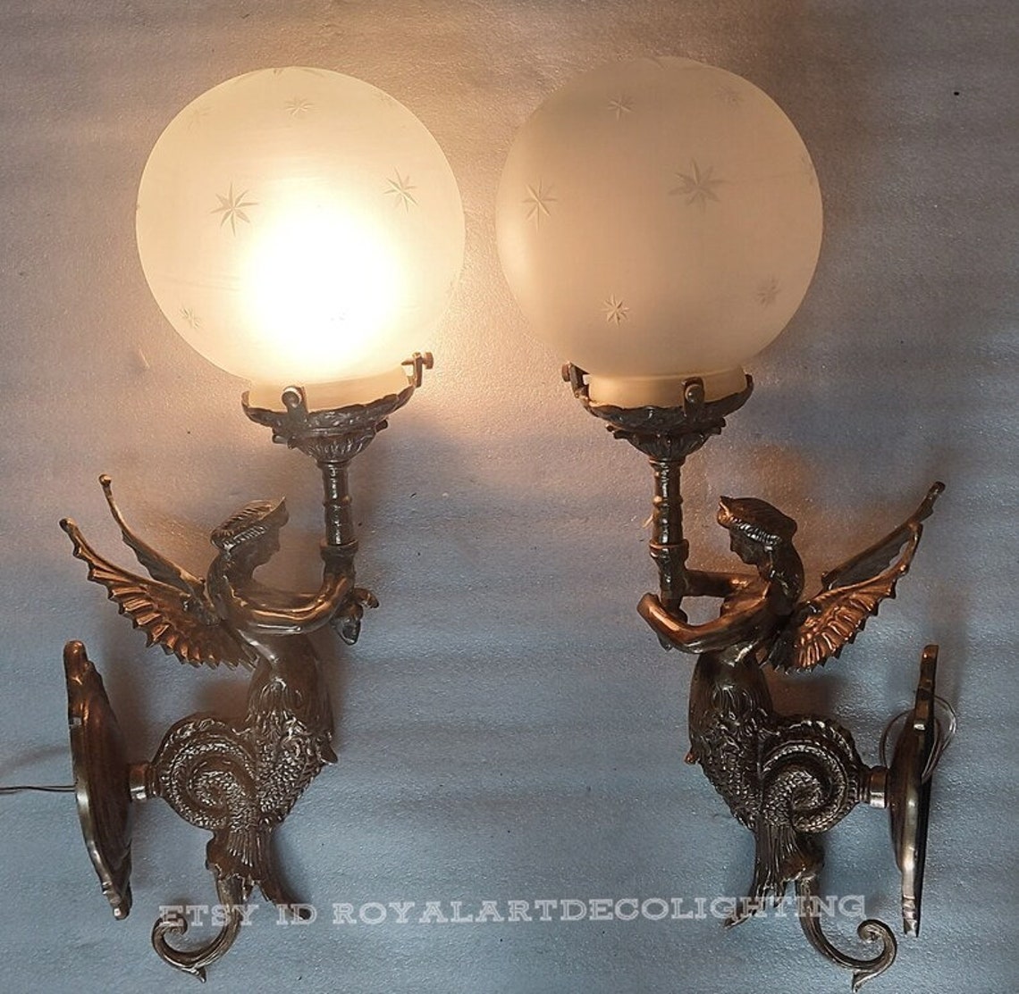 Pair Vintage Art Nouveau Deco Light Old Lamp Mermaid Wall Sconces ...
