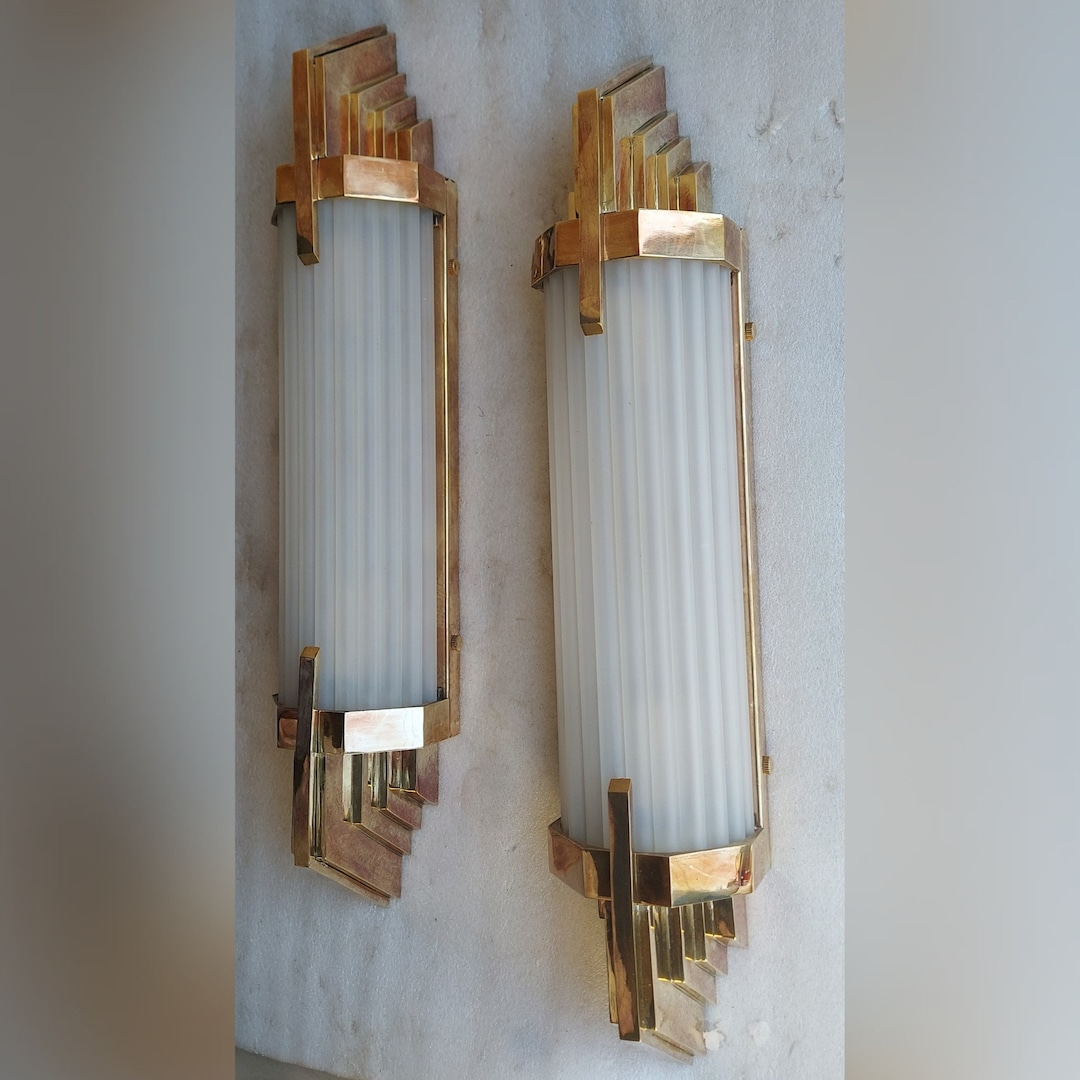 Pair Skyscraper Vintage Art Deco Light Old Lamp Wall Sconces Fixture ...