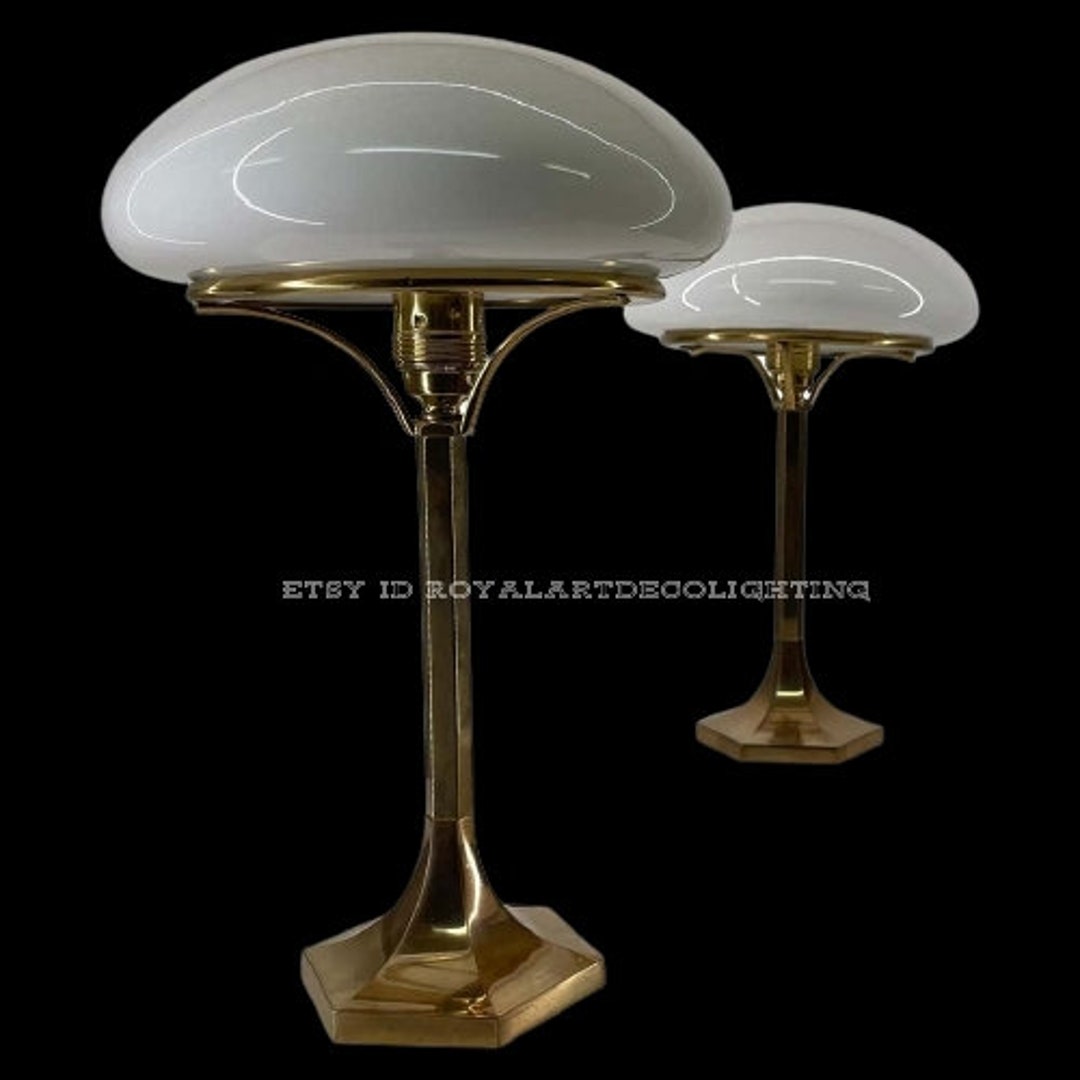 Pair Vintage Art Deco Light Mushroom Shape Table Lamp Brass & Milk ...