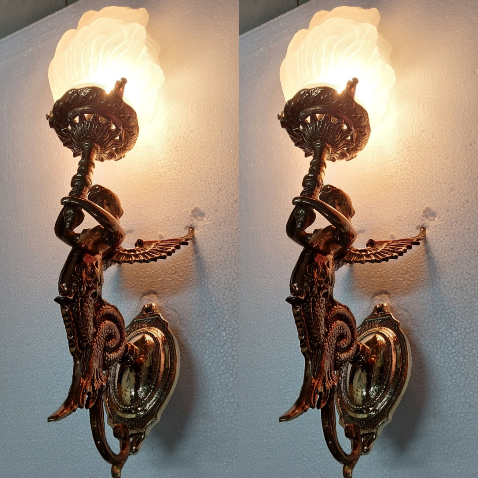 Pair Vintage Art Nouveau Deco Light Old Lamp Mermaid Wall Sconces ...