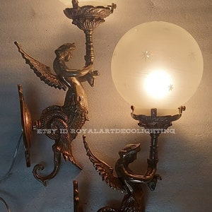 Pair Vintage Art Nouveau Deco Light Old Lamp Mermaid Wall Sconces ...