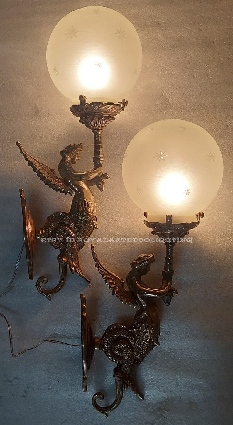 Pair Vintage Art Nouveau Deco Light Old Lamp Mermaid Wall Sconces ...