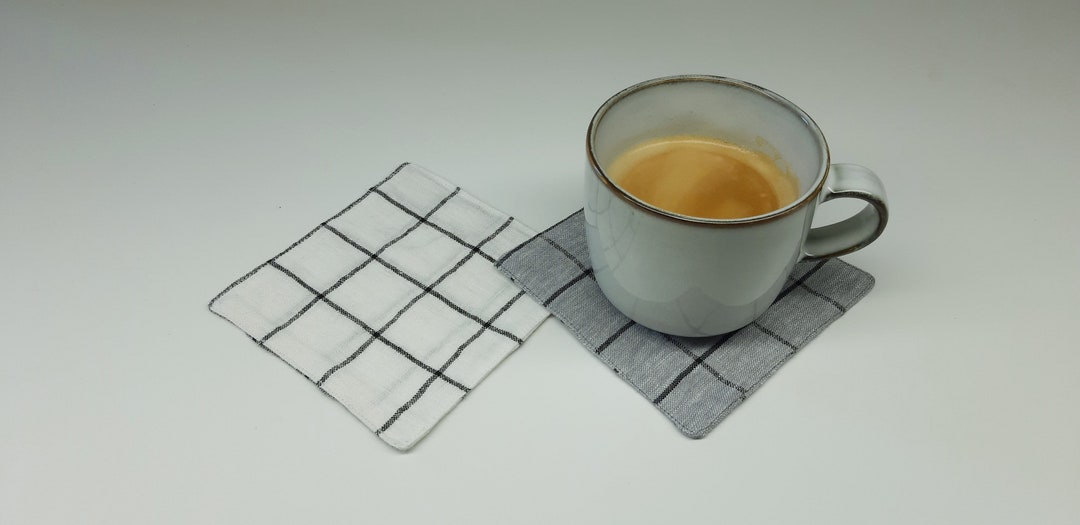 Checked Linen Drink Coasters, Linen Drink Mats, Linen Coasters Set of 4 ...