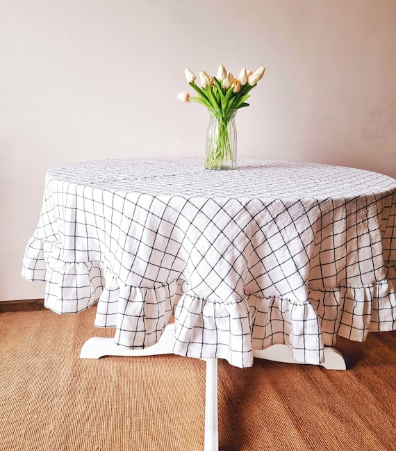 Round Linen Ruffle Table Cloth White Ruffled Tablecloth 90 Inch Tablecloth Checked Tablecloth Circle Table Cloth Etsy UK
