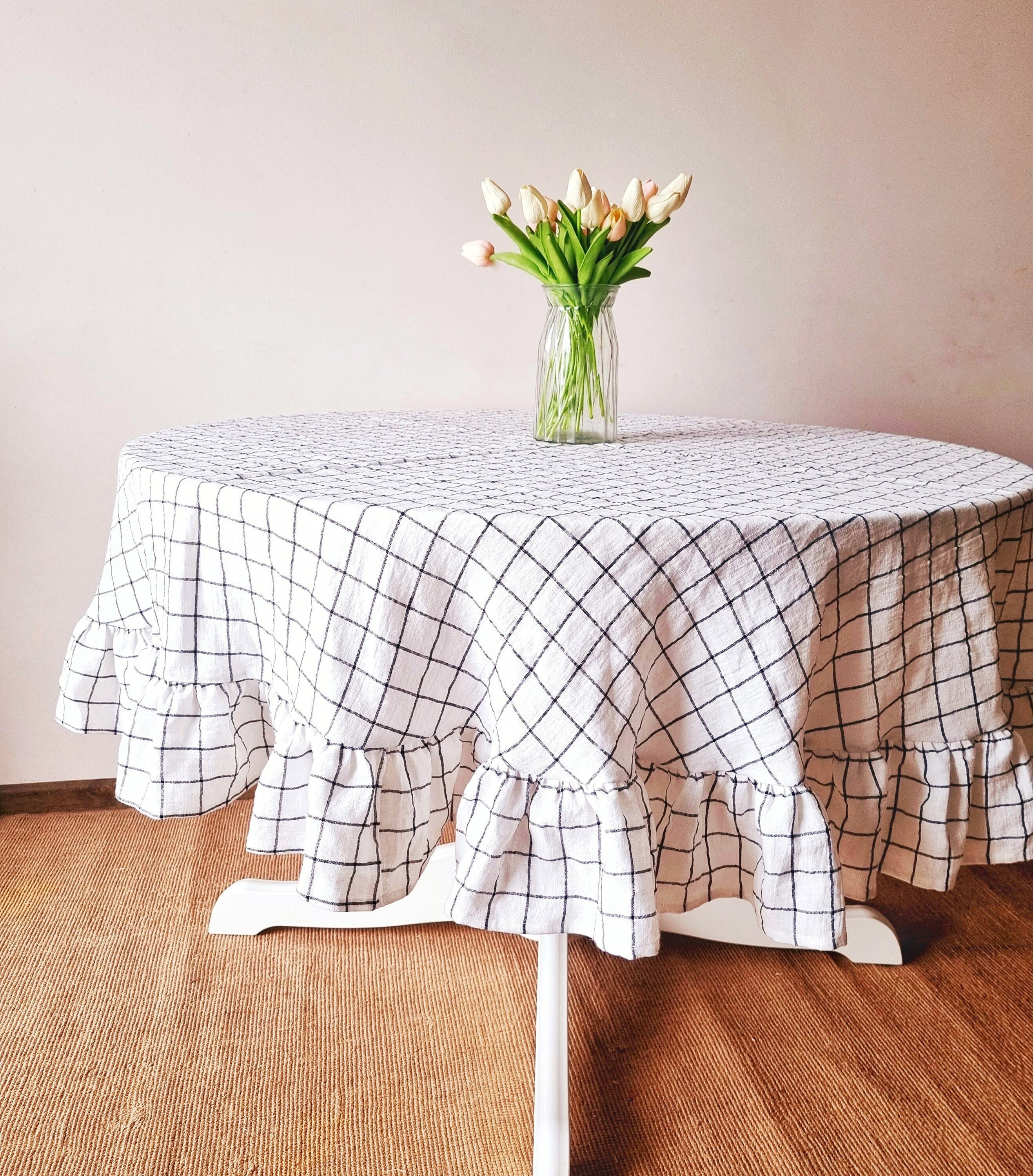 Round Linen Ruffle Table Cloth, White Ruffled Tablecloth, 90 Inch ...