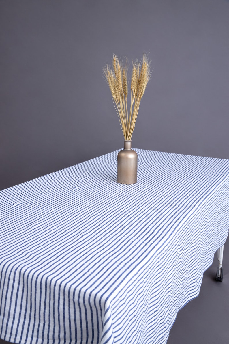 Blue Striped Linen Tablecloth, Washed Linen Tablecloth, Blue Stripy ...