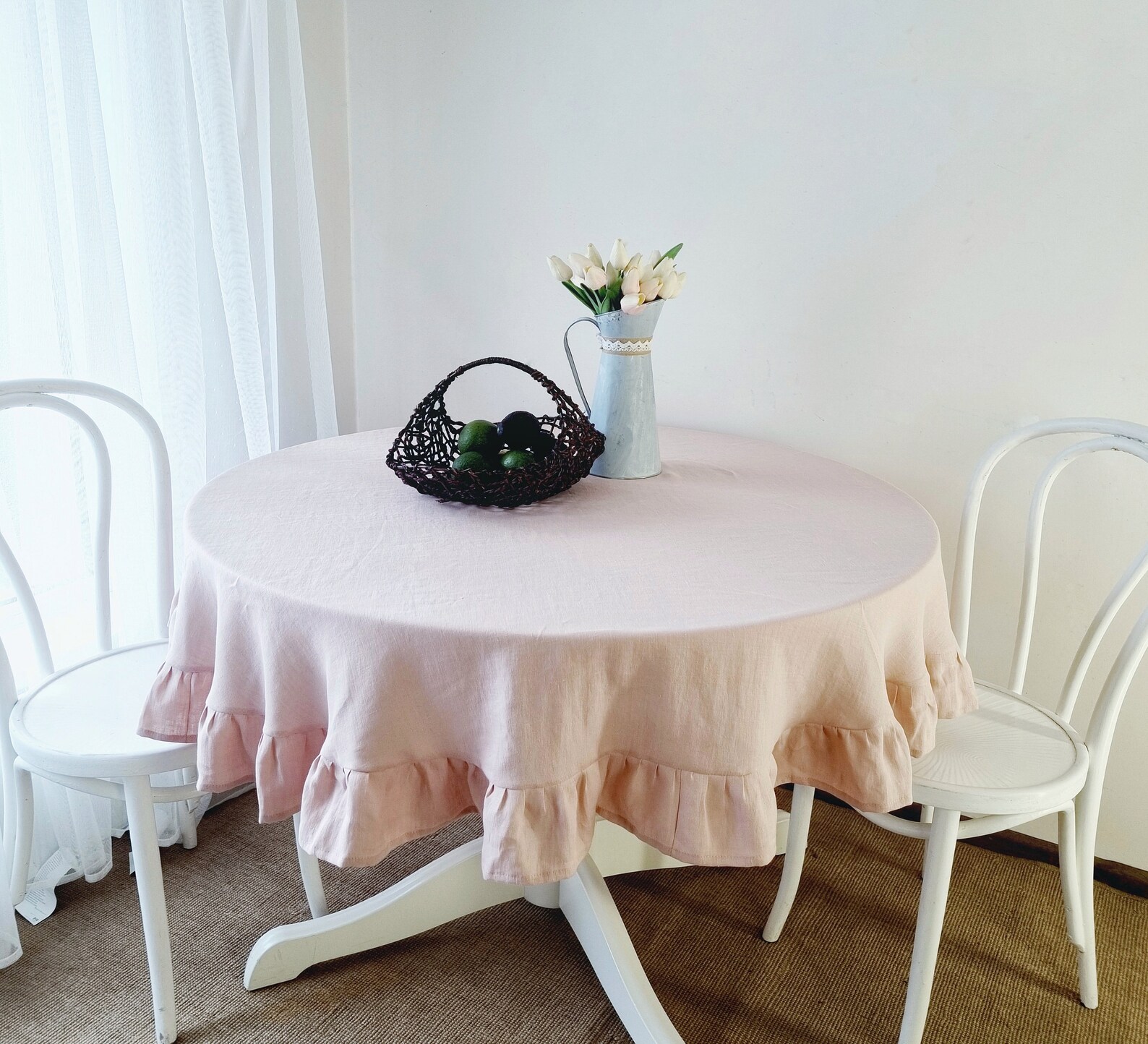 Round Ruffled Linen Tablecloth, Striped Table Cloth With Ruffles, Round ...