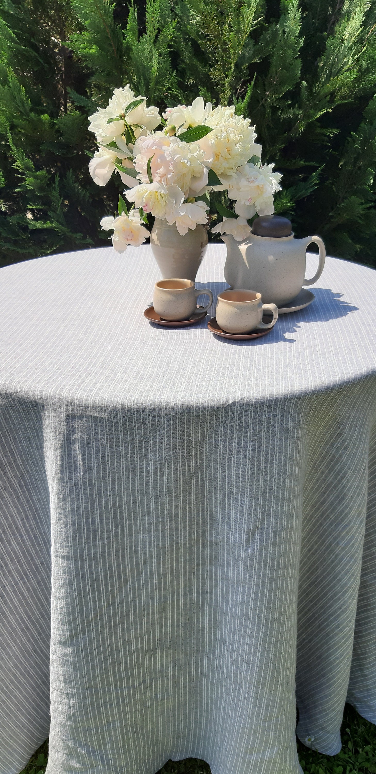 Striped Linen Round Tablecloth Stripy Circle Table Cloth - Etsy