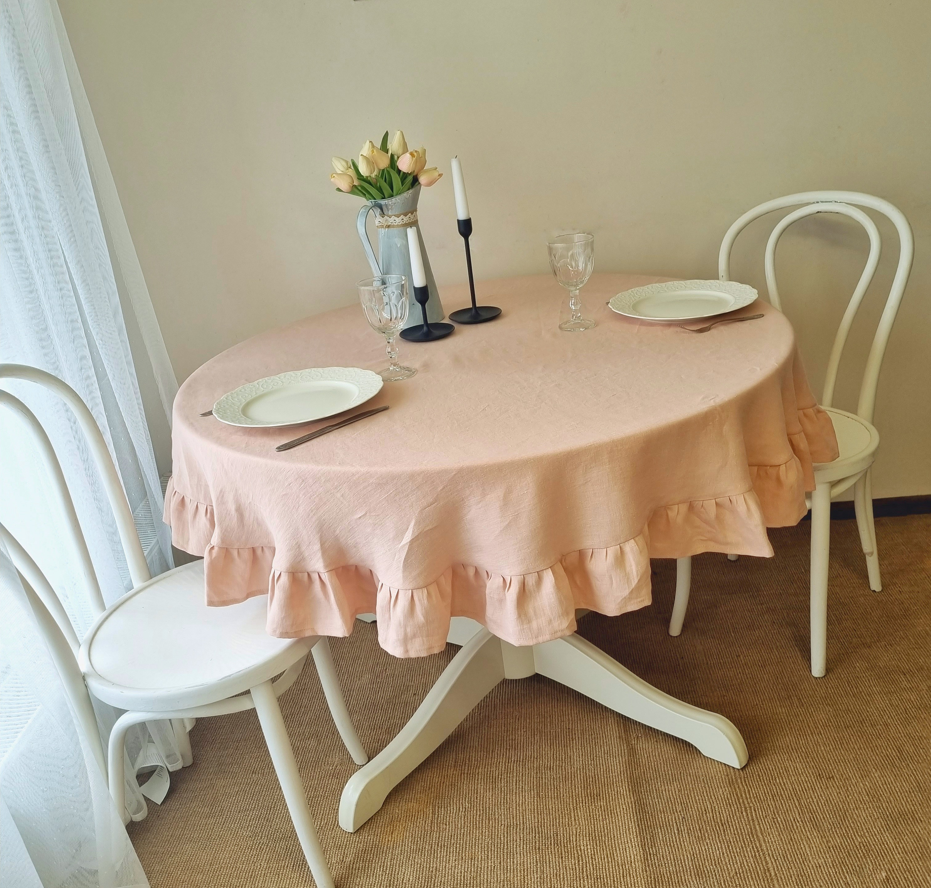 Sage Green Round Tablecloth, Round Ruffled Linen Tablecloth, 70 Inch ...