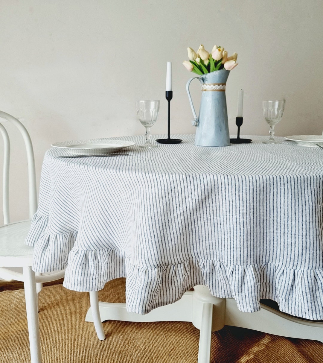 Round Ruffled Linen Tablecloth, Striped Table Cloth With Ruffles, Round ...