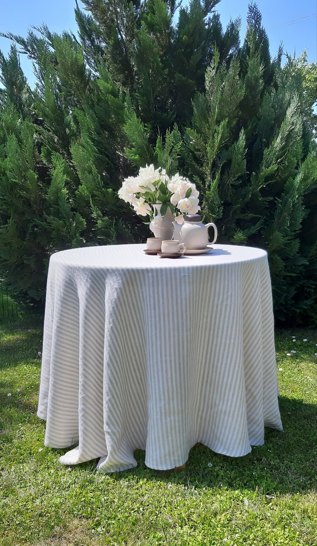 Striped Linen Round Tablecloth, Stripy Circle Table Cloth, Linen Table ...