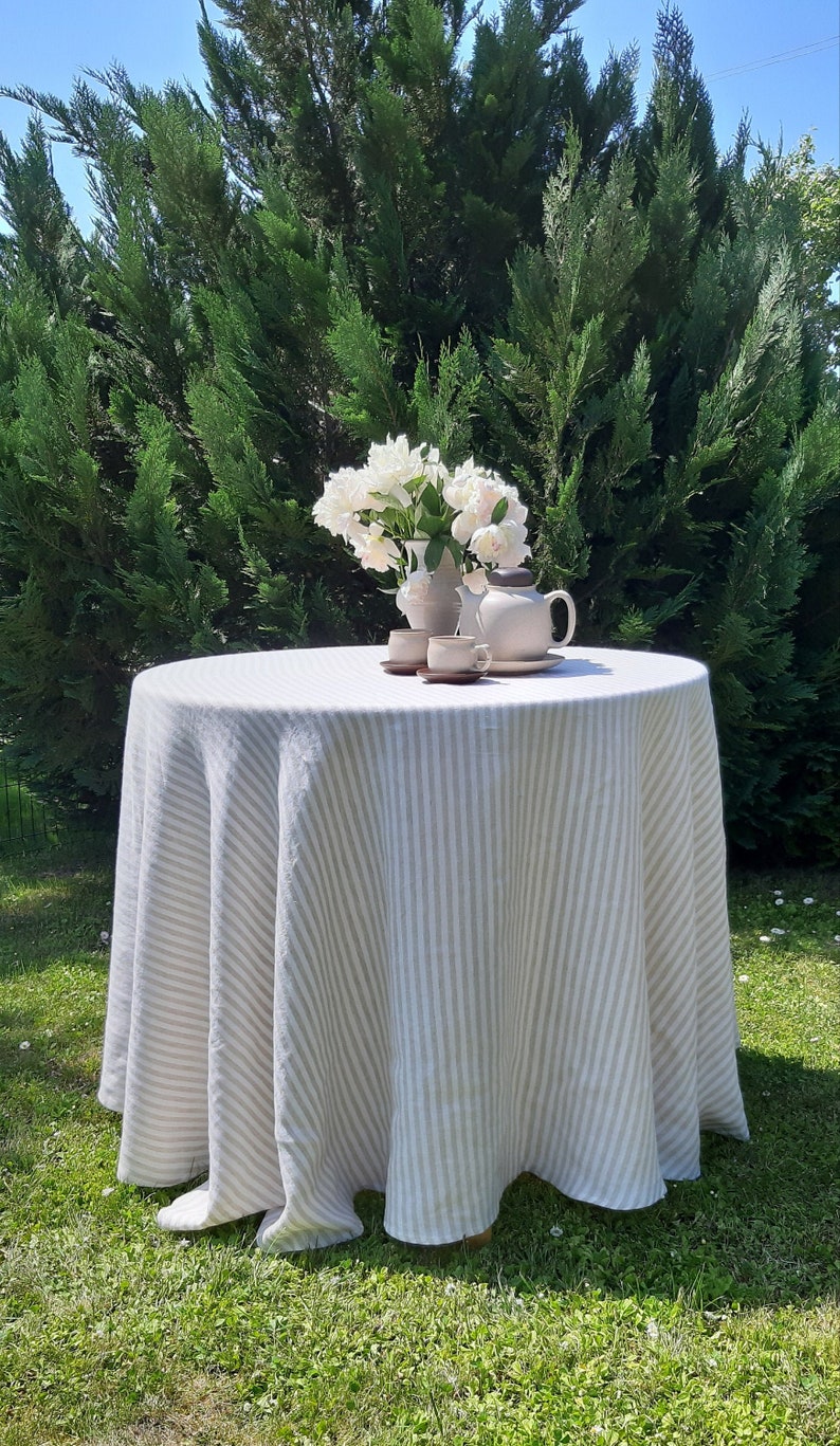 Striped Linen Round Tablecloth, Stripy Circle Table Cloth, Linen Table ...