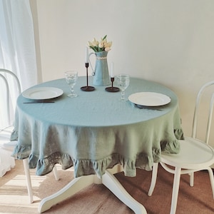 Round Ruffled Linen Tablecloth, Striped Table Cloth With Ruffles, Round ...