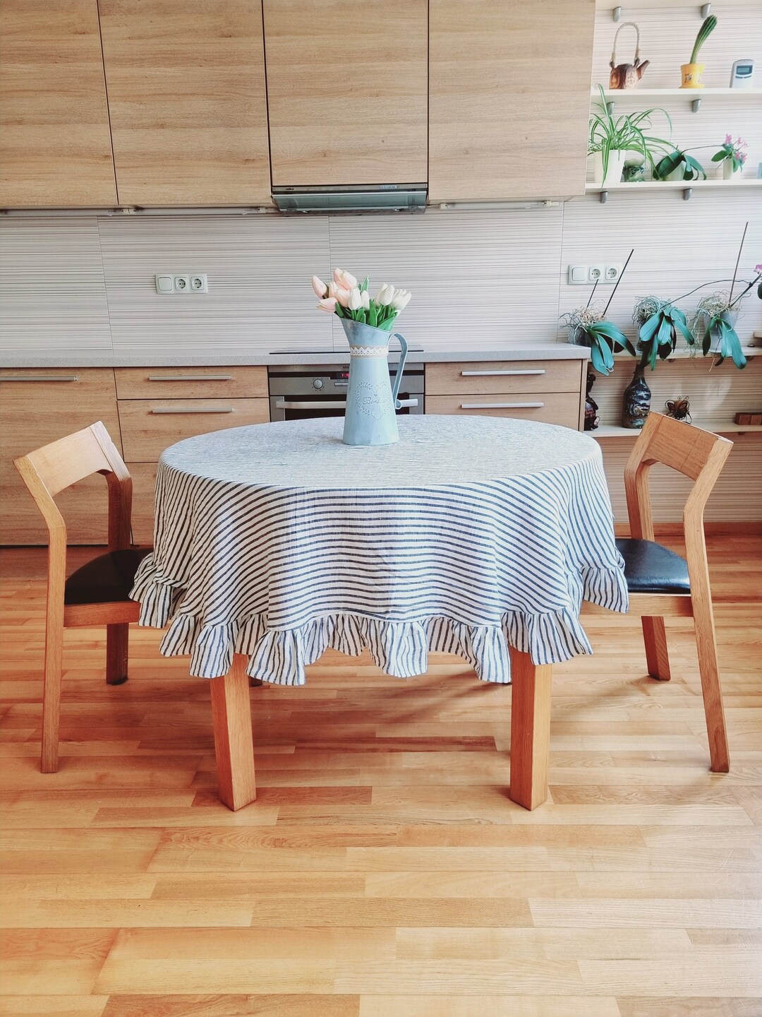Round Ruffled Linen Tablecloth Striped Table Cloth With - Etsy