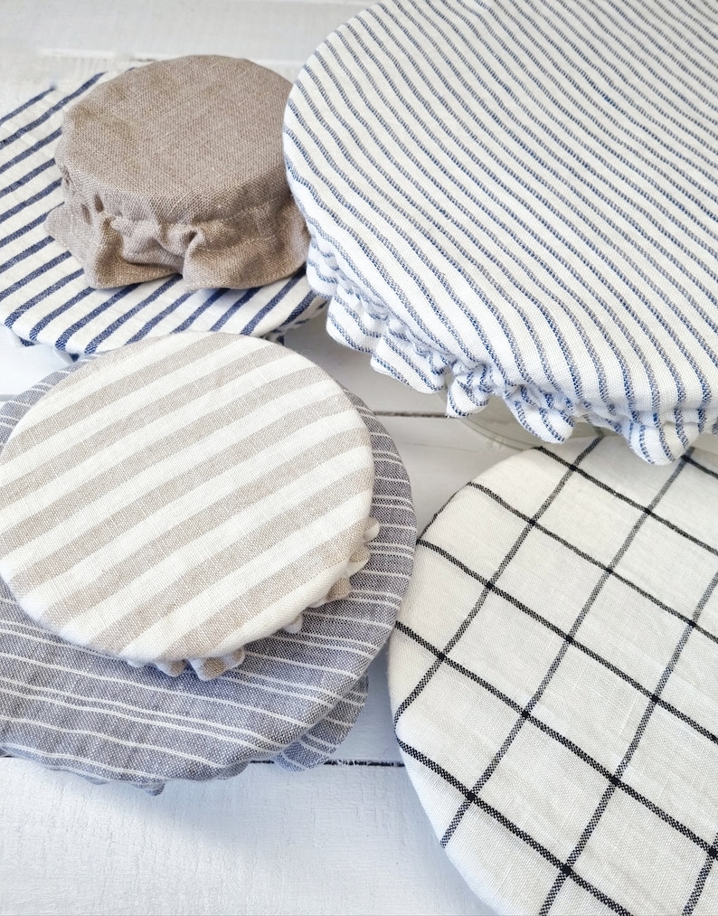 Striped Dish Cover, Bowl Cover, Reversible Pot Cover, Elastic Linen ...