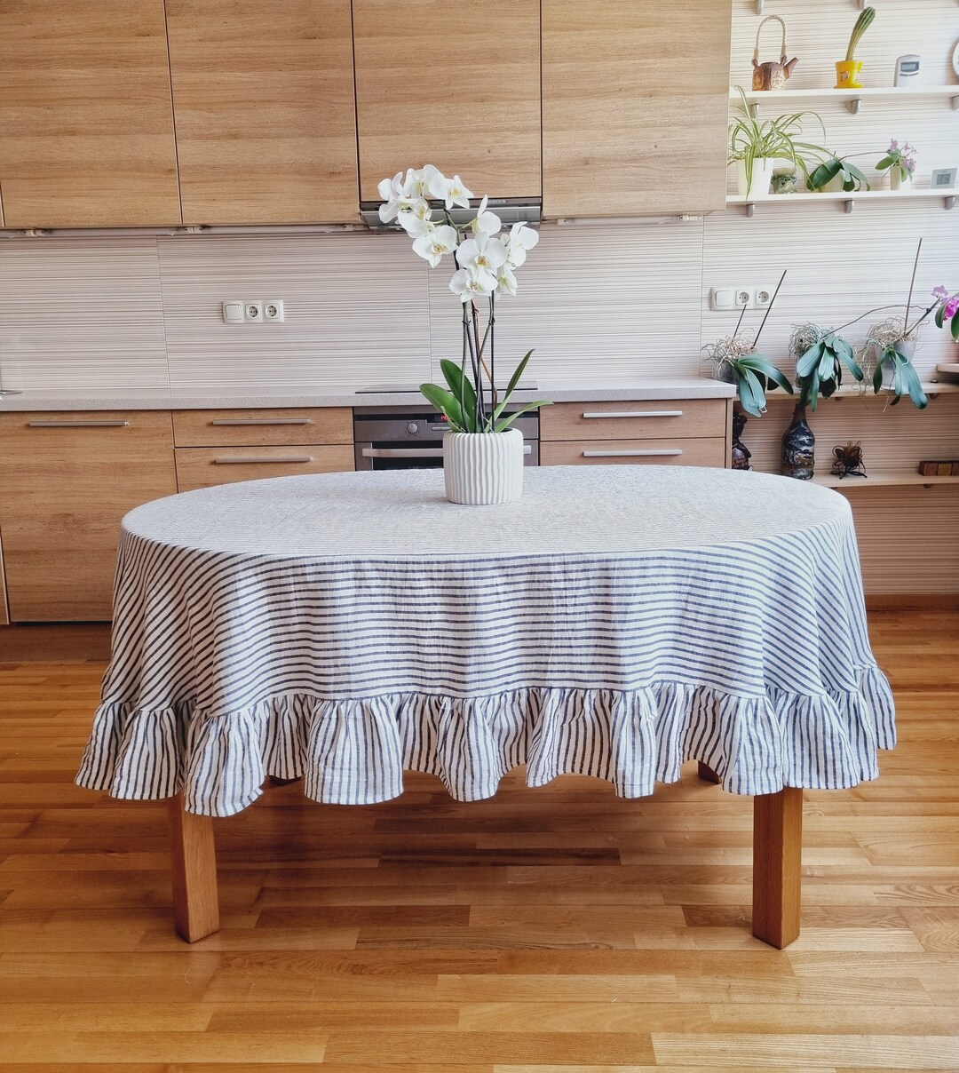 Oval Ruffle Tablecloth, Oval Striped Linen Tabloth, Ruffled Tablecloth ...