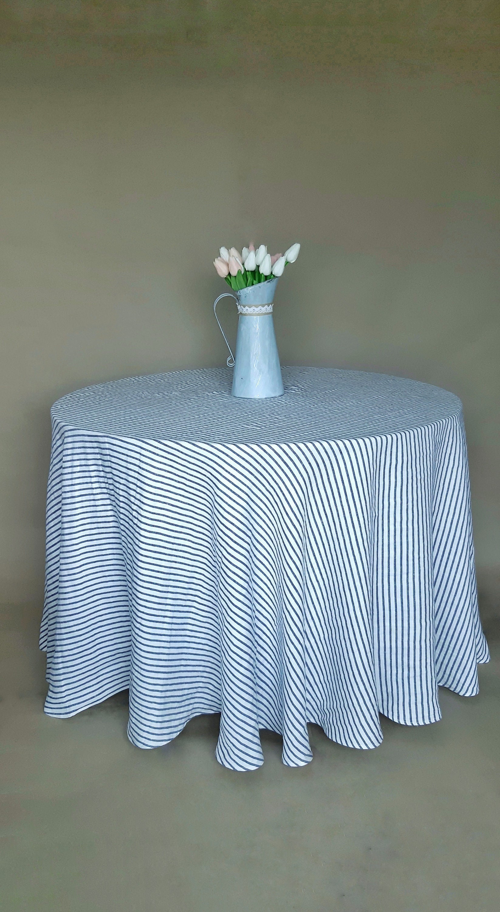 Round Linen Tablecloth, 90 Inch Circle Table Cloth, French Striped ...