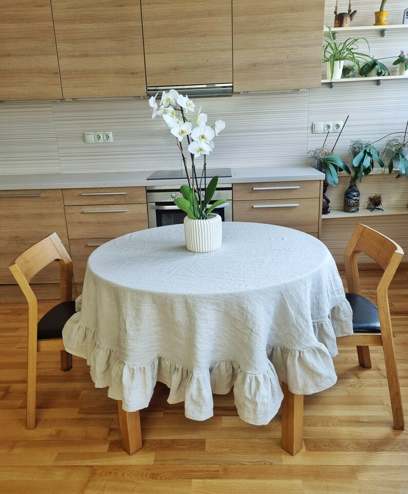 Round Linen Ruffle Table Cloth, White Ruffled Tablecloth, 90 Inch ...