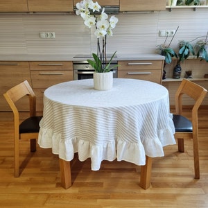Round Ruffled Linen Tablecloth, Striped Table Cloth With Ruffles, Round ...