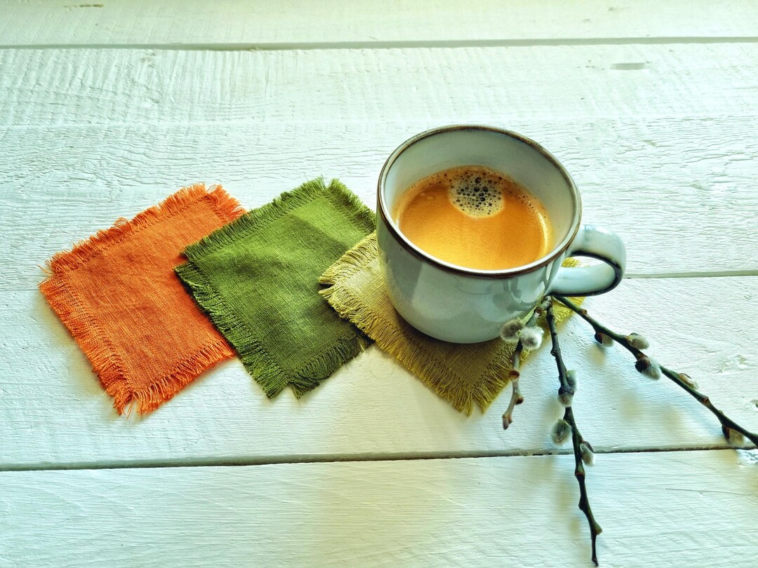 Rustic Linen Cup Coasters, Raw Edges Linen Coasters, Linen Coasters Set ...