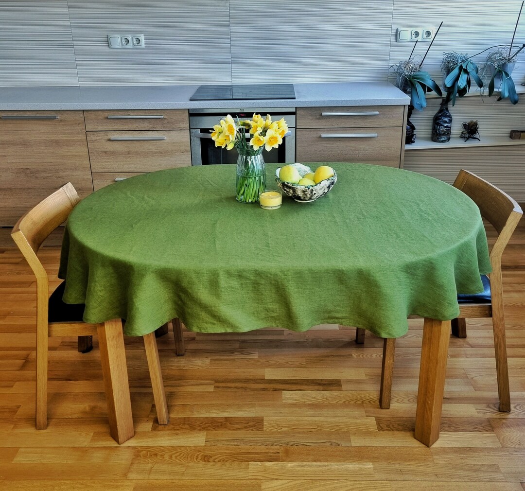 Moss Green Oval Linen Tablecloth, Olive Green Oval Table Cloth, Oval ...