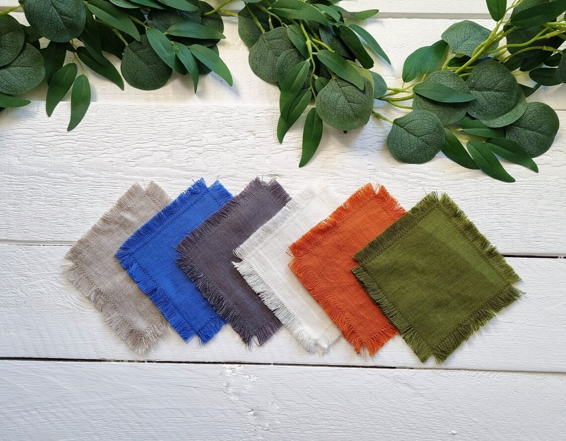 Rustic Linen Cup Coasters, Raw Edges Linen Coasters, Linen Coasters Set ...