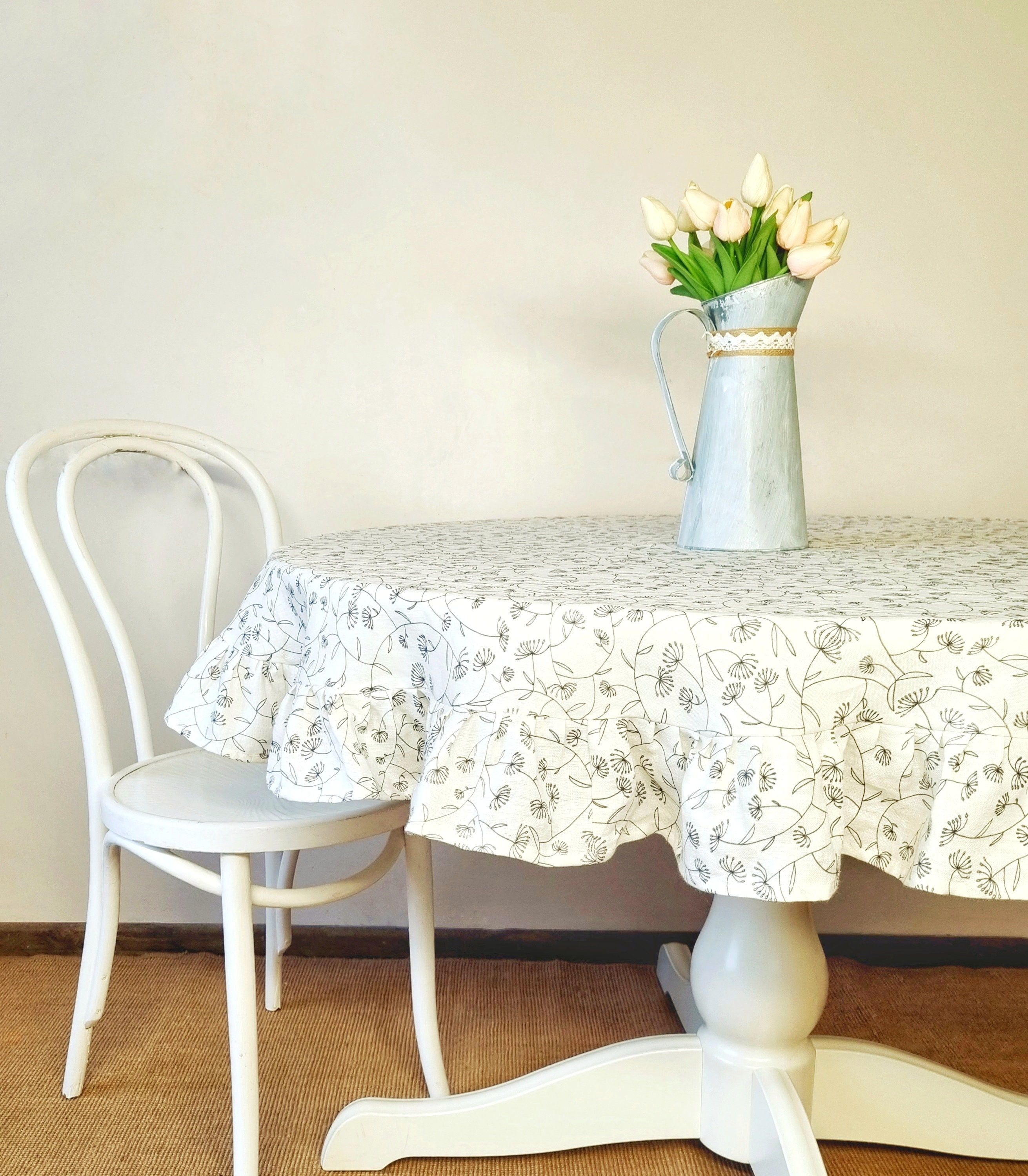 White Ruffled Tablecloth, Linen Table Cloth With Ruffles, Shabby Chic ...