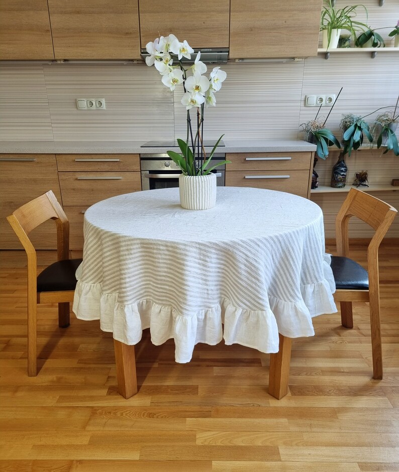 Round Linen Ruffle Table Cloth, off White Ruffled Tablecloth, Round ...