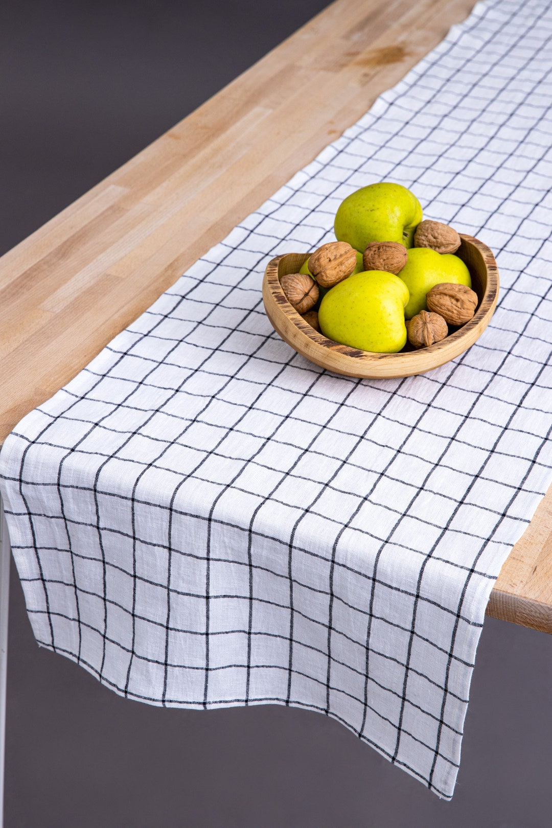 White Checkered Linen Table Runner, Wedding Table Runner, Plaid Linen ...