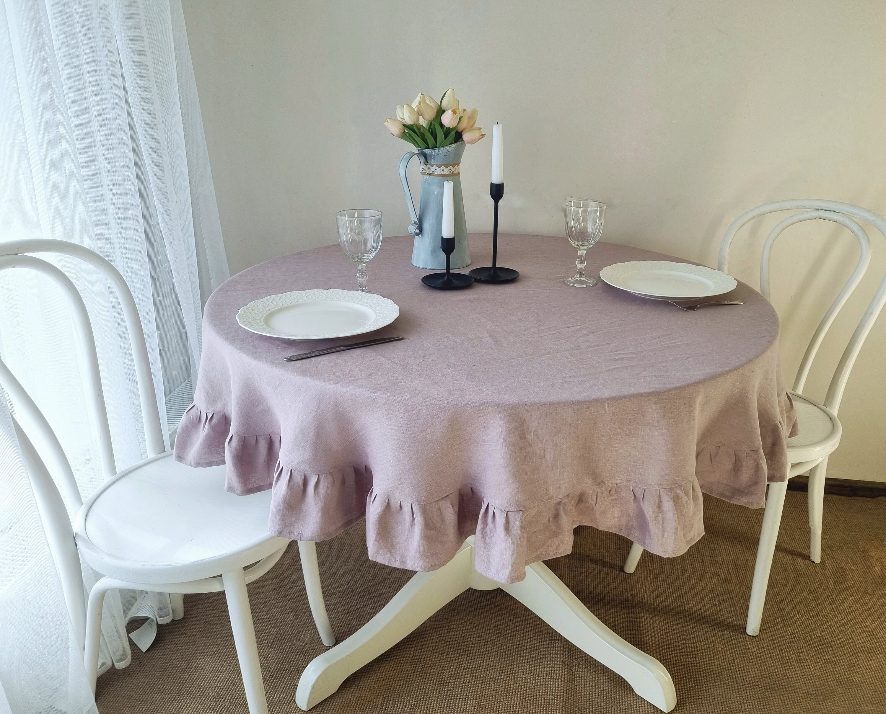 Round Ruffled Linen Tablecloth, Striped Table Cloth With Ruffles, Round ...