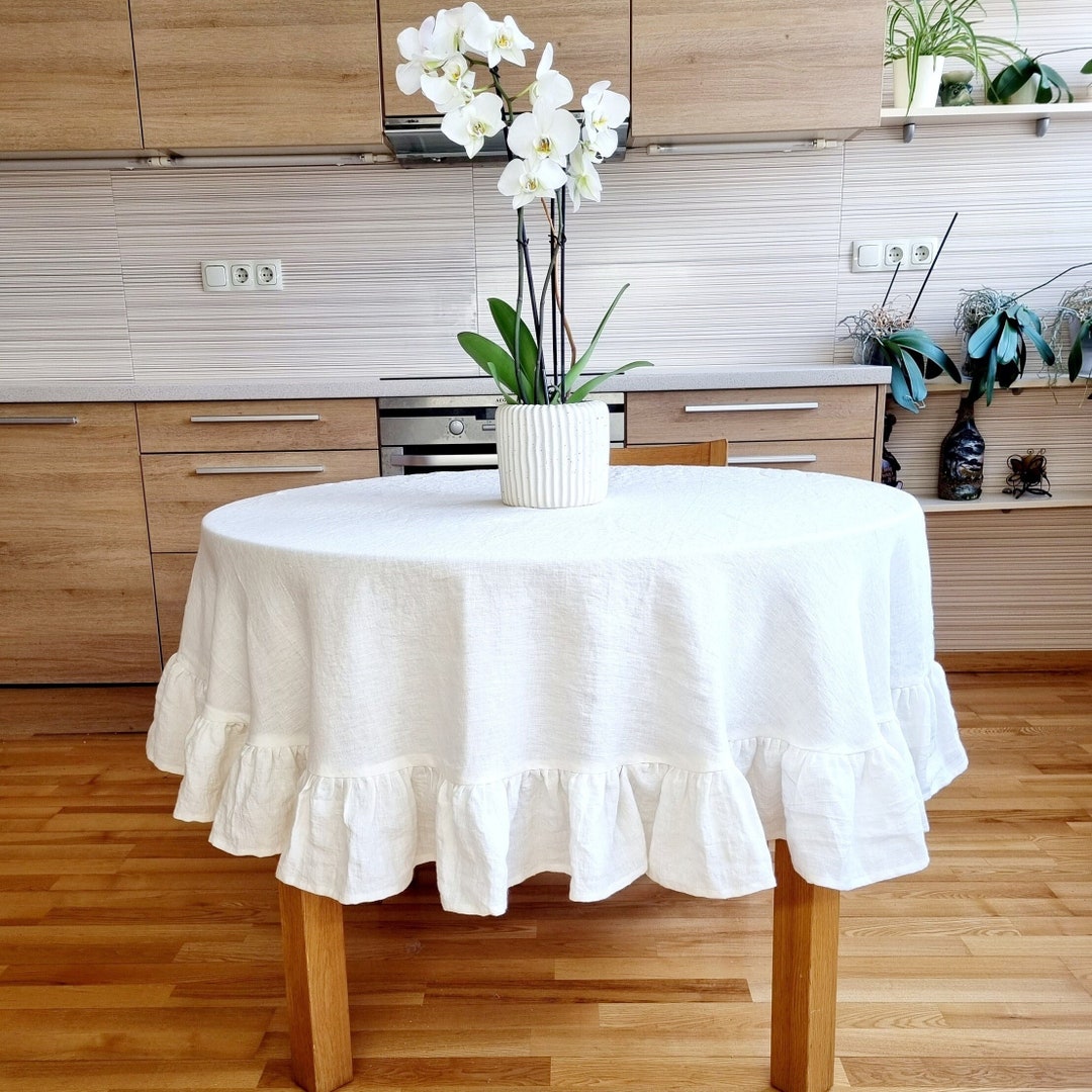 Round Linen Ruffle Table Cloth, off White Ruffled Tablecloth, Round ...