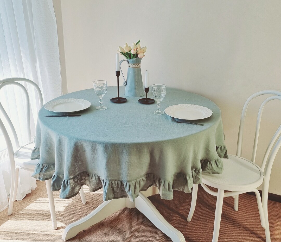 Sage Green Round Tablecloth, Round Ruffled Linen Tablecloth, 70 Inch ...