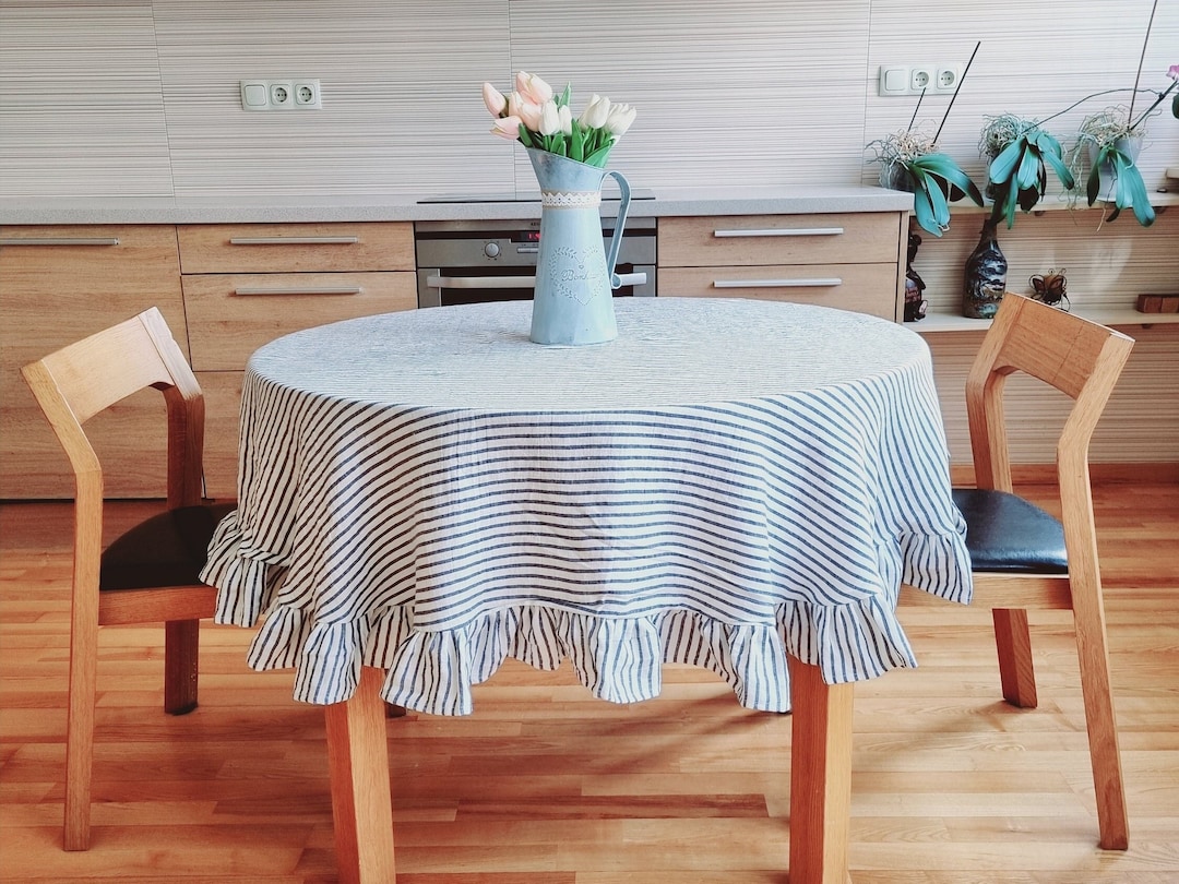 Round Ruffled Linen Tablecloth, Striped Table Cloth With Ruffles, Round ...