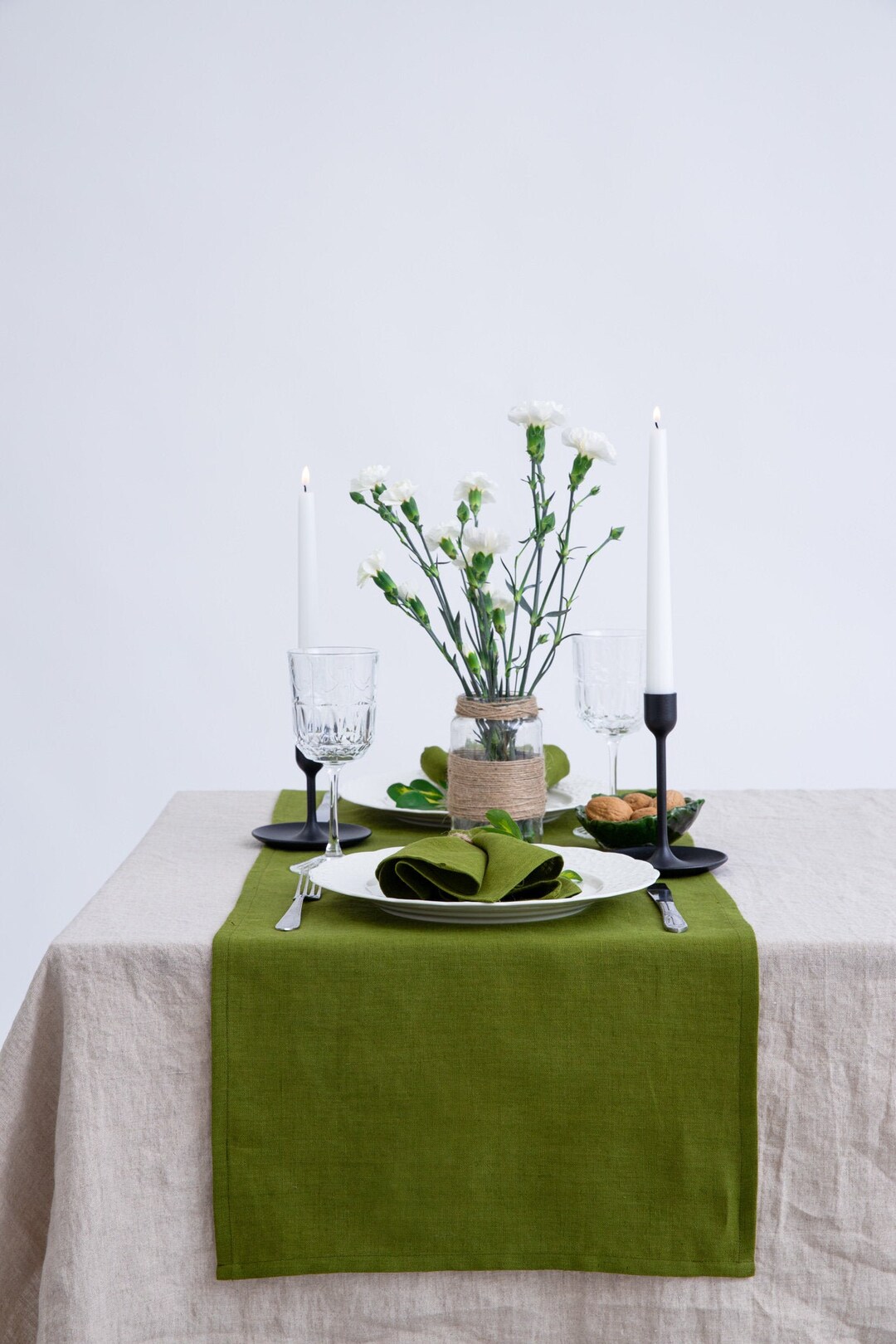 Moss Green Linen Table Runner, Holiday Table Runner, Small Table Runner ...