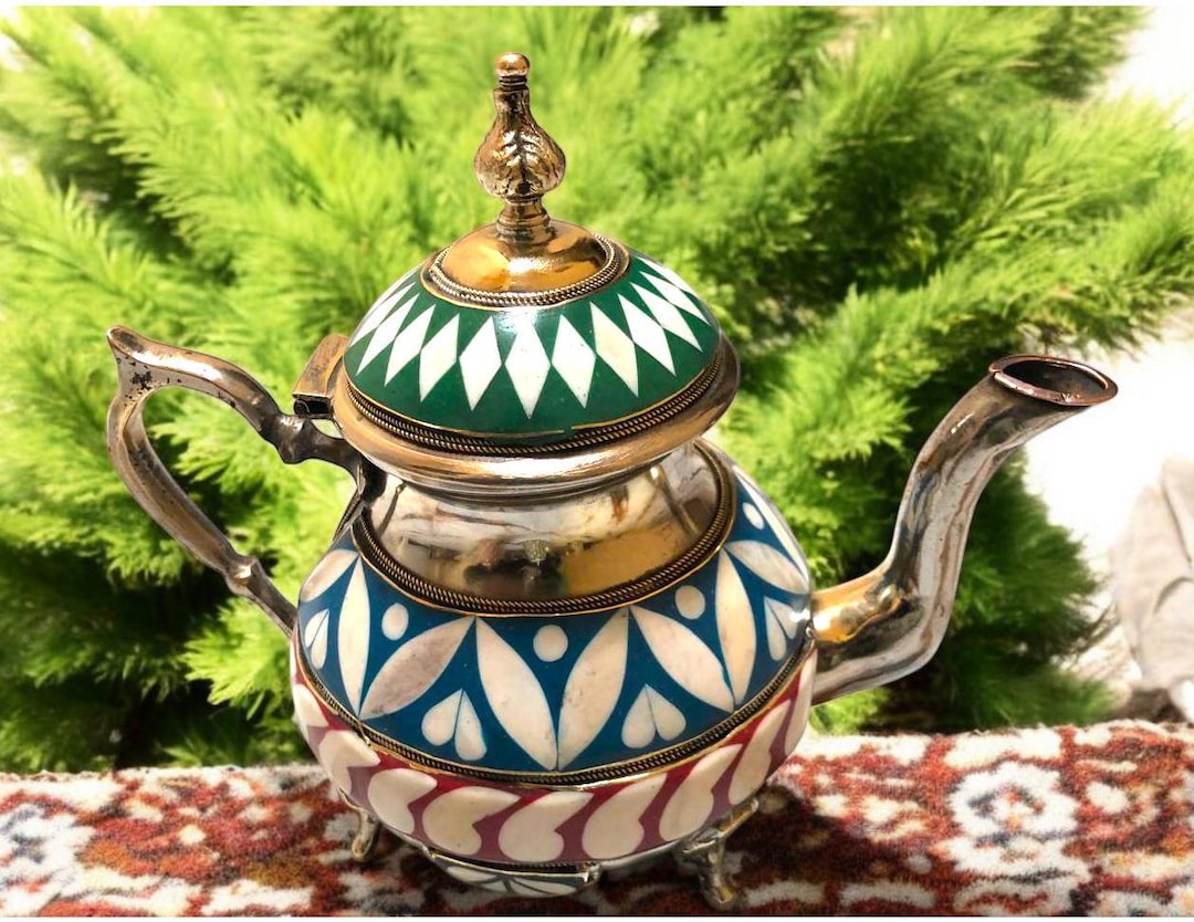Handcrafted Silver Plated Moroccan Teapot: Bone Inlay Brass Berrad - Etsy