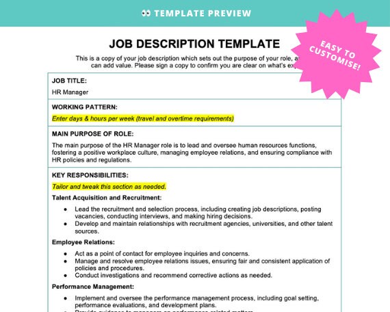 HR Manager Job Description Template | Editable MS Word - Etsy