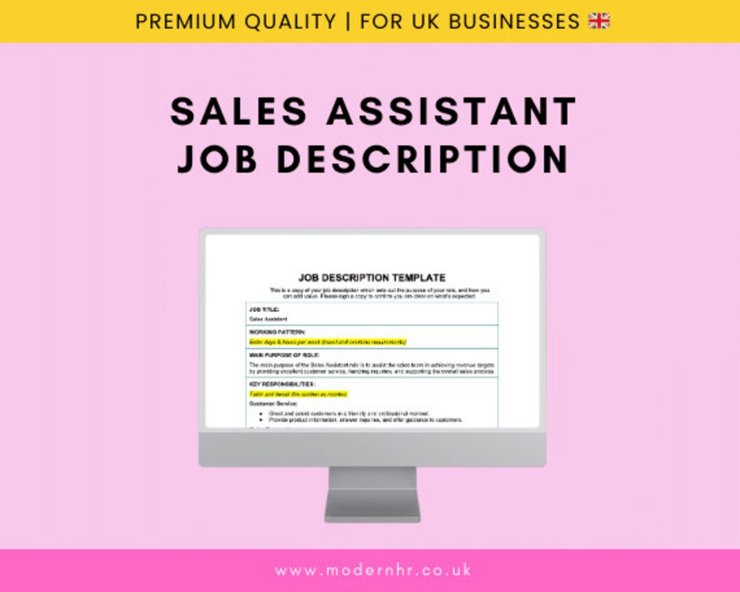 Sales Assistant Job Description Template | Editable MS Word - Etsy