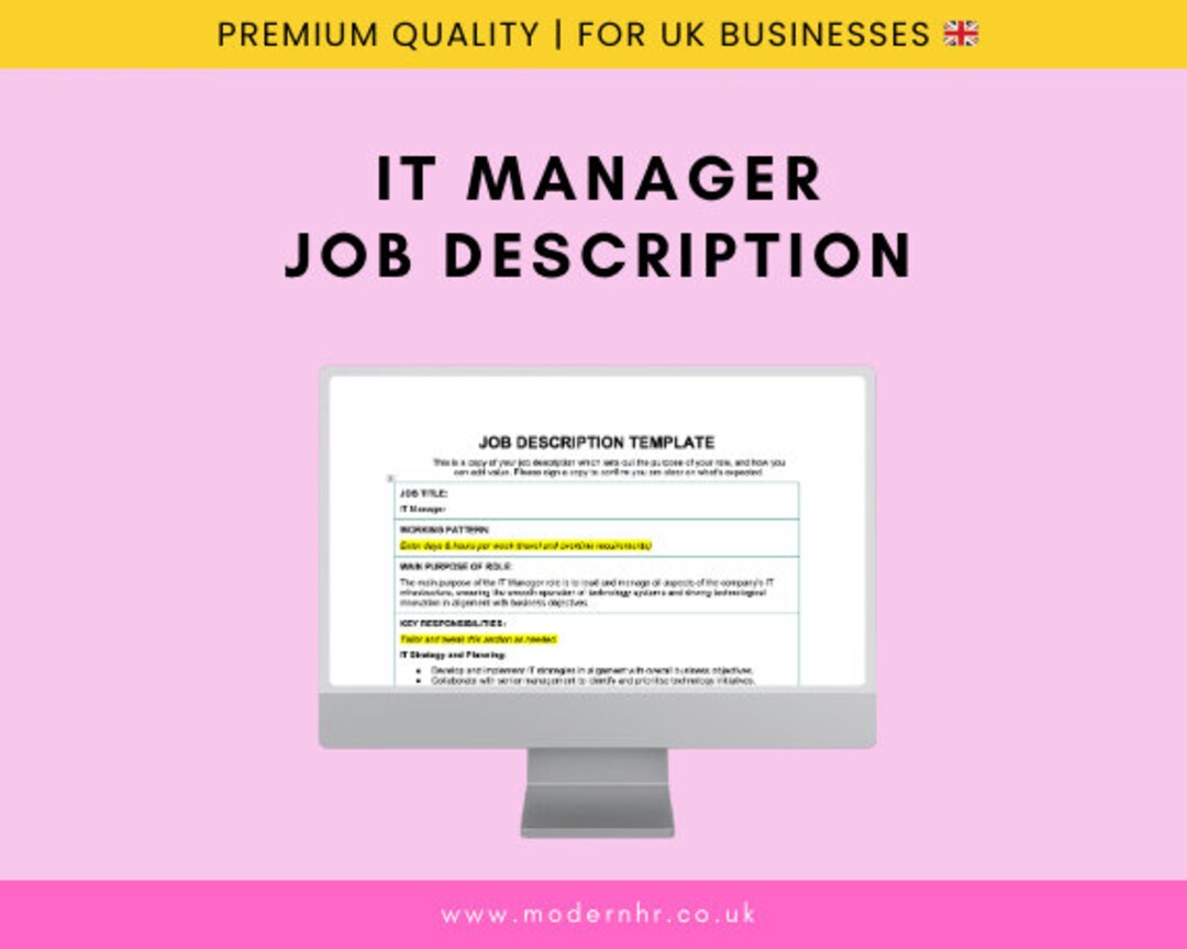 IT Manager Job Description Template | Editable MS Word - Etsy